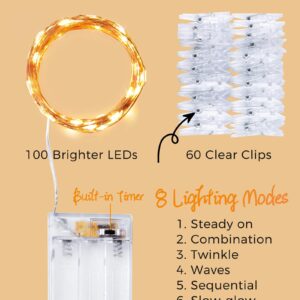 Minetom Photo Clips String Light 33ft - 100 LED Fairy Lights with 60 Clips for Hanging Pictures, Battery Operated Photo Hanger with Timer, 8 Light Modes Twinkle Lights for Room Party Decor