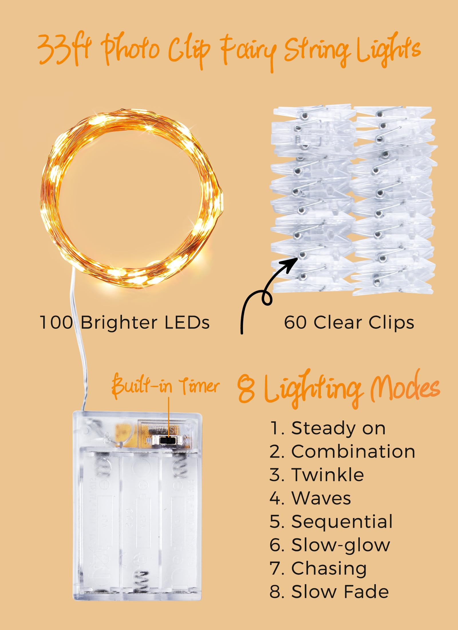 Minetom Photo Clips String Light 33ft - 100 LED Fairy Lights with 60 Clips for Hanging Pictures, Battery Operated Photo Hanger with Timer, 8 Light Modes Twinkle Lights for Room Party Decor