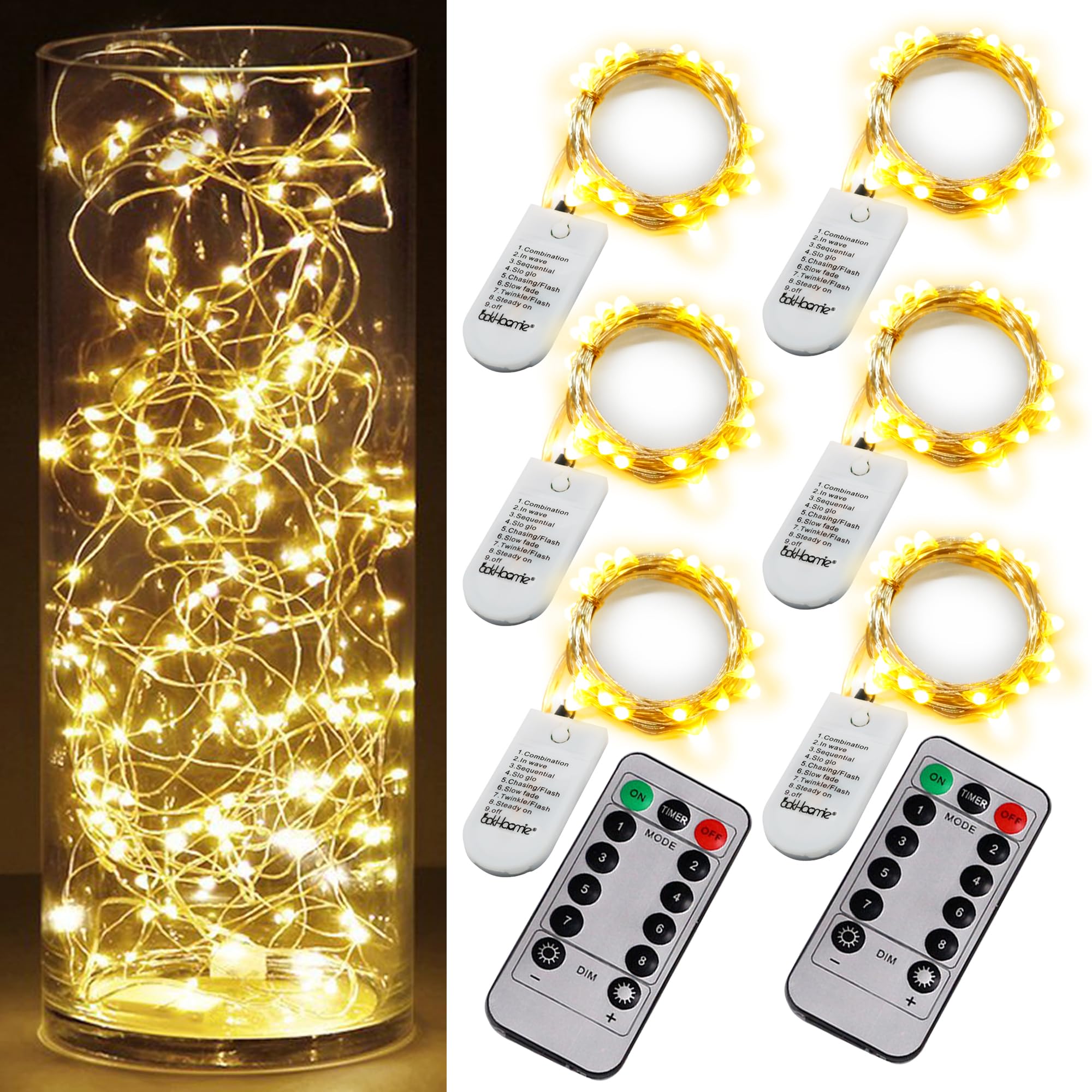 6 Pack Fairy Lights Battery Operated with Timer 2PCS Remote 6.5ft 20LED Warm White Twinkle Lights Waterproof Silver Wire Fireflies lights DIY Mason Jar Wedding Party Christmas Centerpiece Table Deco