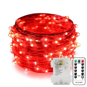 erchen battery operated silver copper wire led string lights, 33ft 100 leds 8 modes dimmable waterproof fairy lights with remote control timer for indoor outdoor wedding bedroom (red)