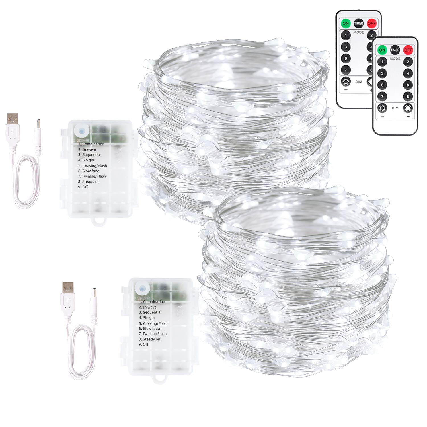 Blingstar 2 Pack 33ft 100 LED USB and Battery Operated Christmas Lights with Remote Control Timer 8 Modes Firefly Lights Cool White Fairy String Lights for Bedroom Wedding Decor