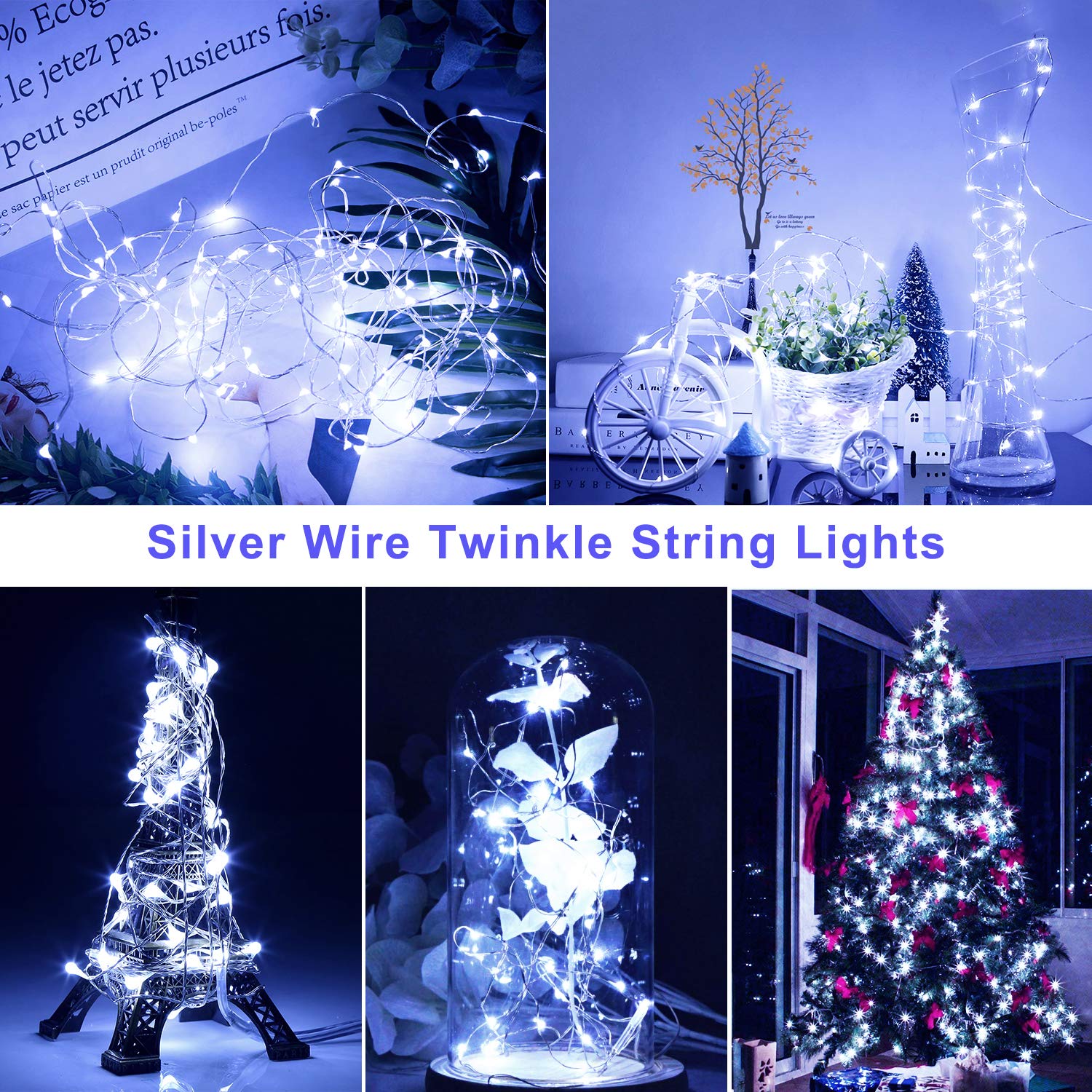 Blingstar 2 Pack 33ft 100 LED USB and Battery Operated Christmas Lights with Remote Control Timer 8 Modes Firefly Lights Cool White Fairy String Lights for Bedroom Wedding Decor