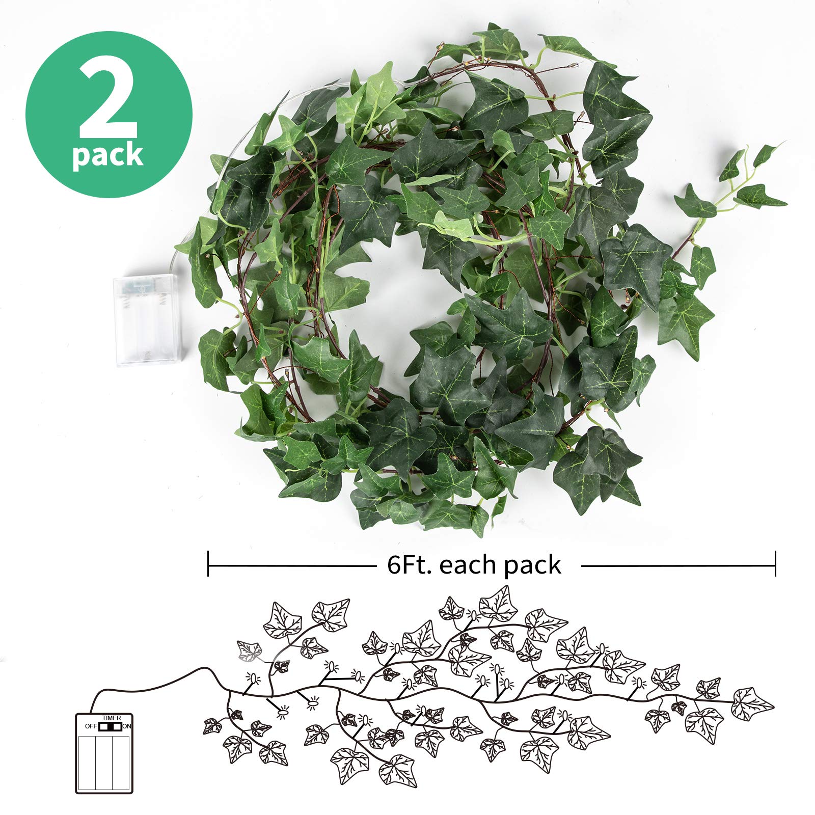 Minetom 2 Pack 6 Ft. Ivy String Lights - Battery Operated 72 LED Artificial Ivy Lights, Warm White Bedroom Vines Lights for Wall Room Window Wedding Indoor Party Festival Decor