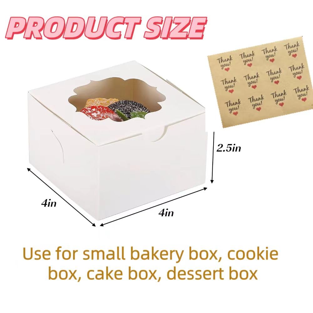 AISEY 4x4x2.5 Inches White Bakery Boxes with Window, Cookie Boxes, Mini Cake Boxes, Dessert, Pastry, Small Treat Boxes, 20 Pcs