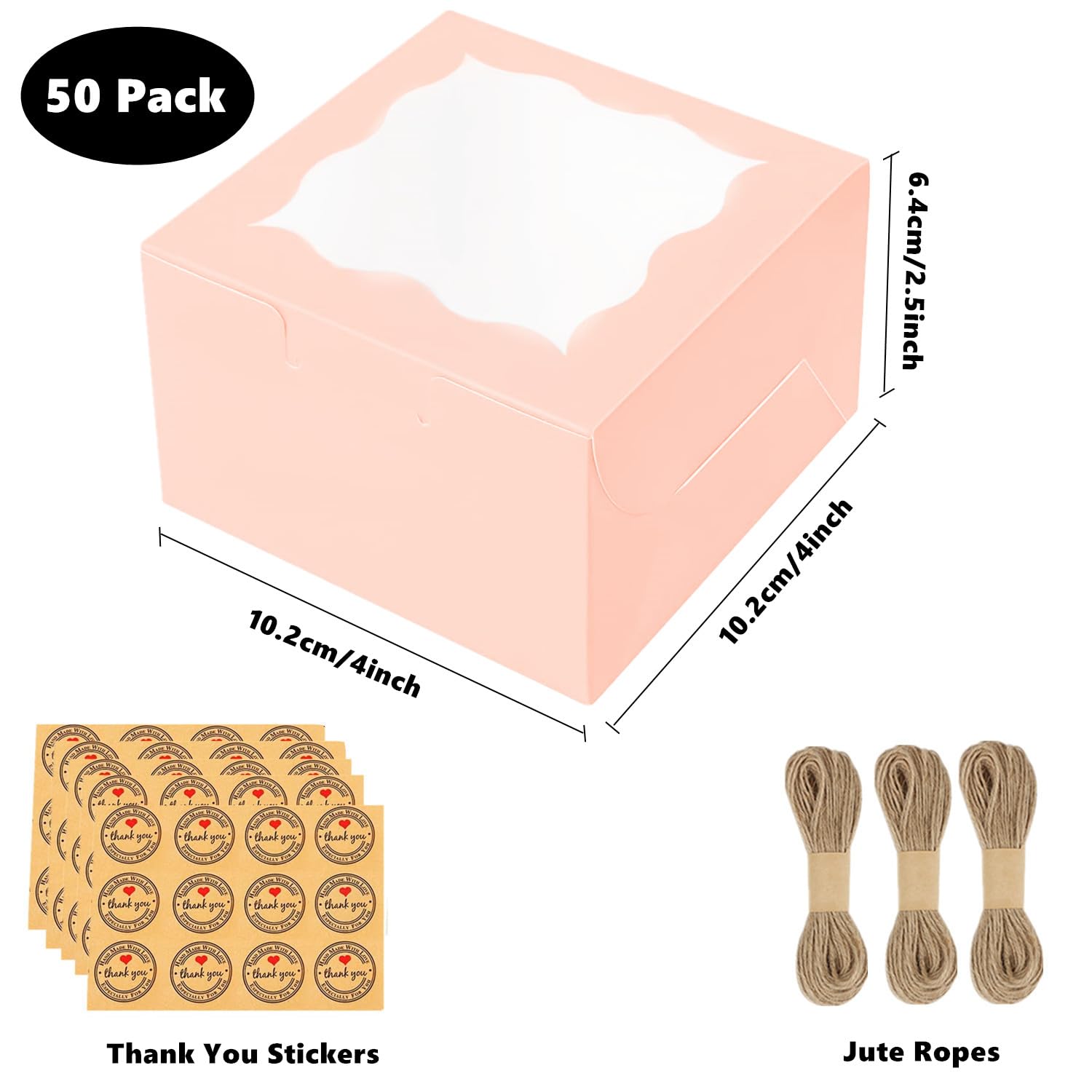 GUIFIER 50 Pack Small Bakery Boxes 4x4x2.5 Inches, Mini Cake Boxes Paper Cookie Boxes, 4 inch Desserts Boxes, Party Favor Boxes for Pastries, Cupcakes, Donuts, Chocolate, Strawberries, Candy (Pink)