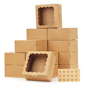 moretoes 15pcs 6x6x3in cookie boxes with window, bakery boxes kraft paper treat boxes small cake box for dessert pastry pie donuts, brown