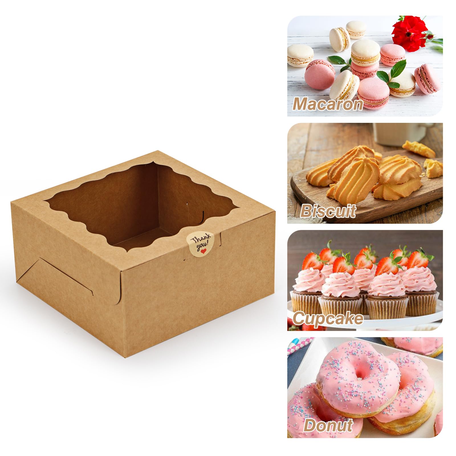 Moretoes 15pcs 6x6x3in Cookie Boxes with Window, Bakery Boxes Kraft Paper Treat Boxes Small Cake Box for Dessert Pastry Pie Donuts, Brown