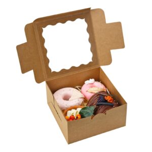 Moretoes 15pcs 6x6x3in Cookie Boxes with Window, Bakery Boxes Kraft Paper Treat Boxes Small Cake Box for Dessert Pastry Pie Donuts, Brown