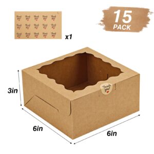 Moretoes 15pcs 6x6x3in Cookie Boxes with Window, Bakery Boxes Kraft Paper Treat Boxes Small Cake Box for Dessert Pastry Pie Donuts, Brown