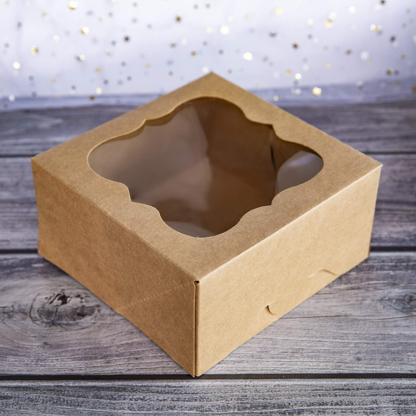 ONE MORE 6"x6"x3"Brown Bakery Boxes with pvc Window for Pie and Cookies Boxes Small Natural Kraft Paper Box 6x6x3inch,Pack of 15