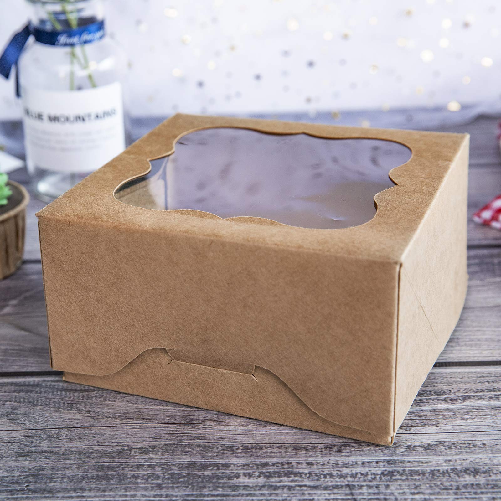 ONE MORE 6"x6"x3"Brown Bakery Boxes with pvc Window for Pie and Cookies Boxes Small Natural Kraft Paper Box 6x6x3inch,Pack of 15