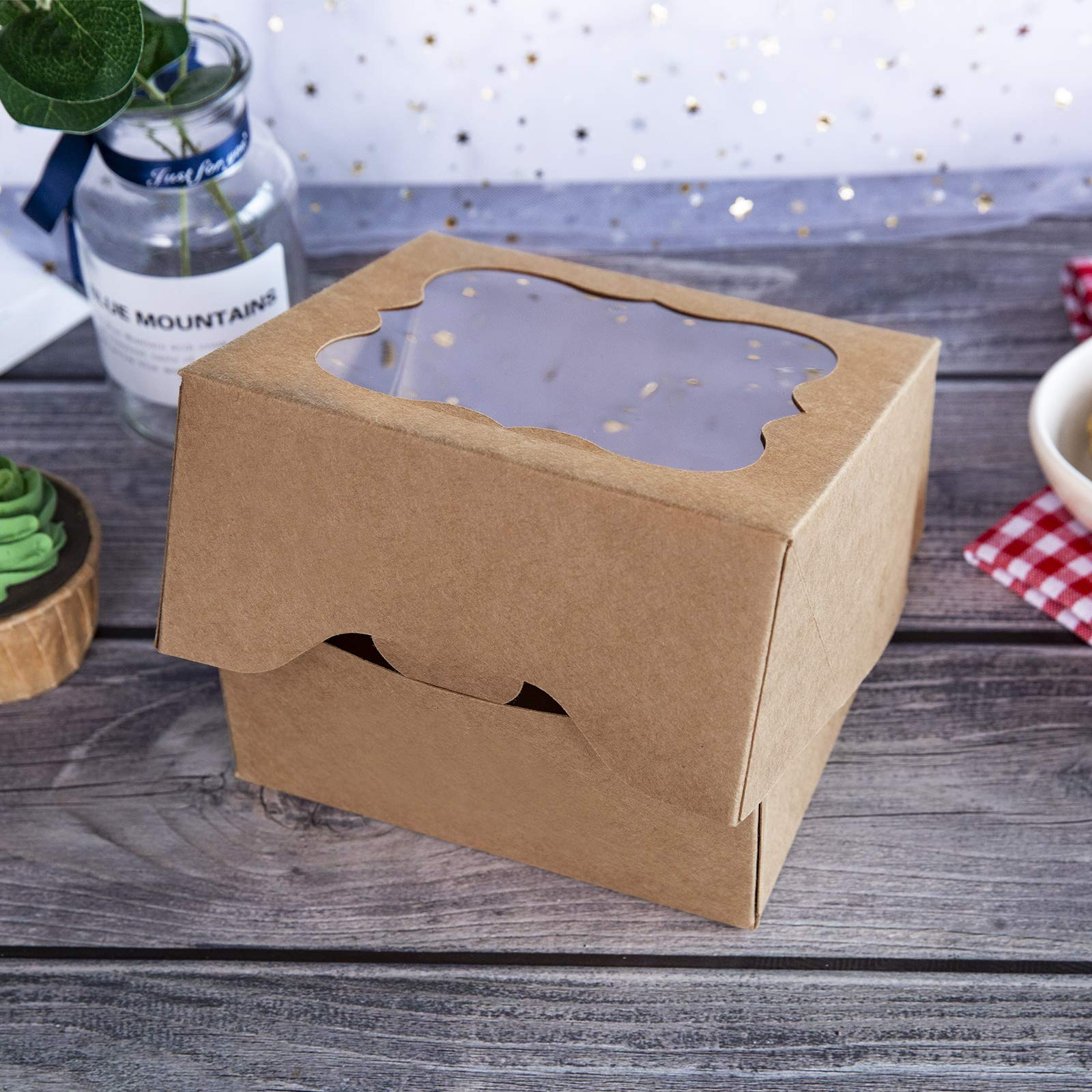 ONE MORE 6"x6"x3"Brown Bakery Boxes with pvc Window for Pie and Cookies Boxes Small Natural Kraft Paper Box 6x6x3inch,Pack of 15