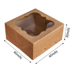 ONE MORE 6"x6"x3"Brown Bakery Boxes with pvc Window for Pie and Cookies Boxes Small Natural Kraft Paper Box 6x6x3inch,Pack of 15