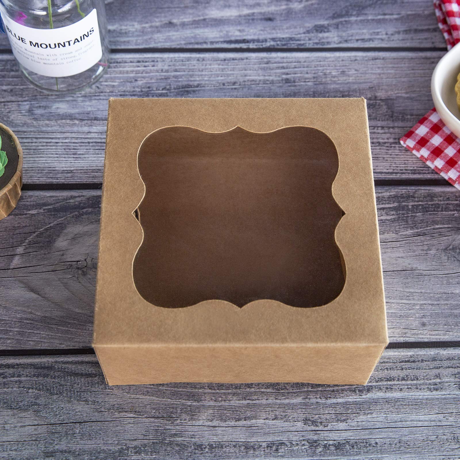 ONE MORE 6"x6"x3"Brown Bakery Boxes with pvc Window for Pie and Cookies Boxes Small Natural Kraft Paper Box 6x6x3inch,Pack of 15