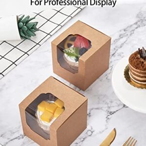 Happyhiram Cupcake Boxes 50 Pcs Brown Kraft Individual Cupcake Box, Single Container Paper Holder with Insert and Window for Muffins Cocoa Bombs Packaging Togo Boxes for Birthdays Party Favor