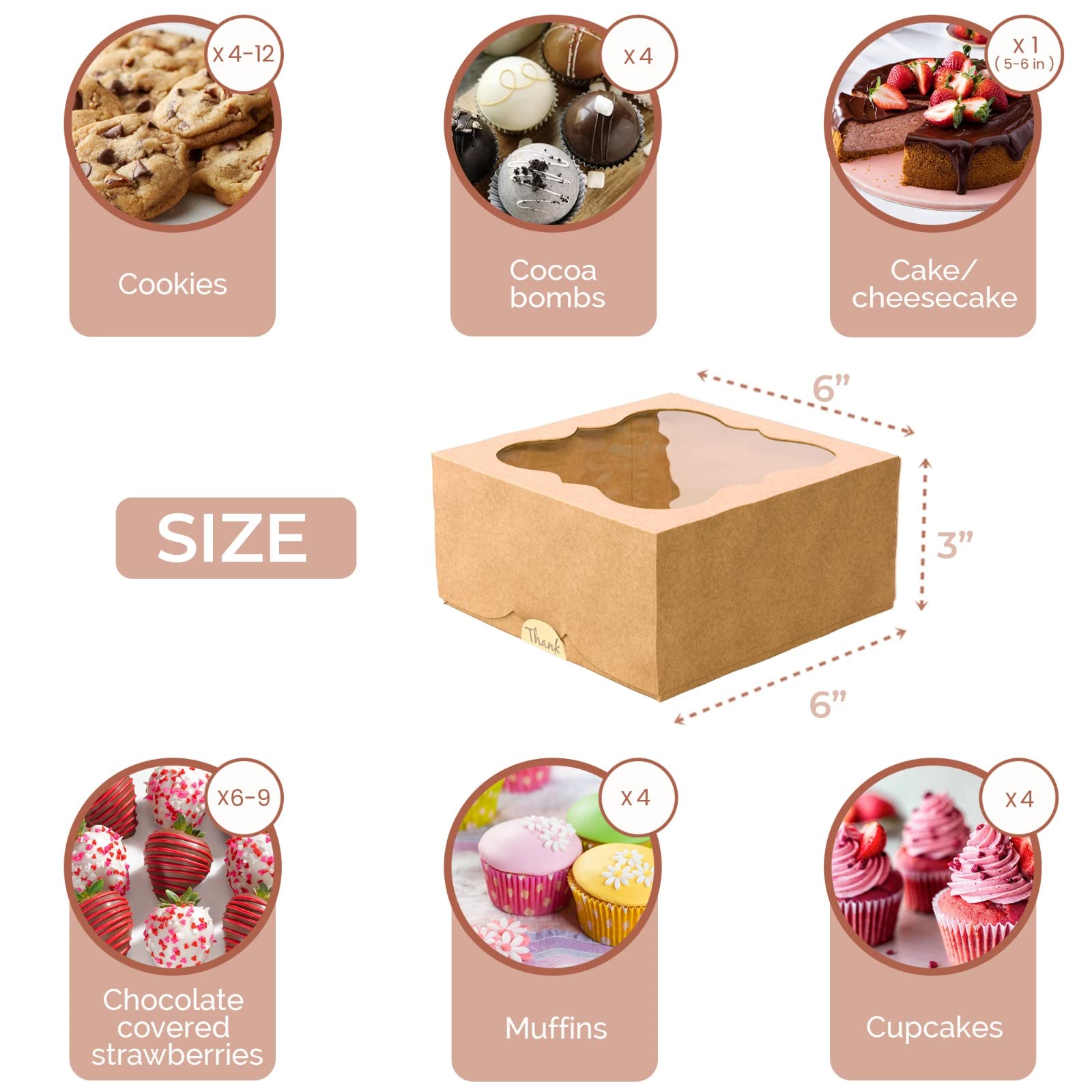 Leafiew 20 Pack 6x6x3 Bakery Boxes with Window – Small Cookie Boxes for Gift Giving – Treat Boxes for Small Cake, Pastry, Strawberries, Dessert, Candy, Charcuterie, Baked Goods and Food (Brown)