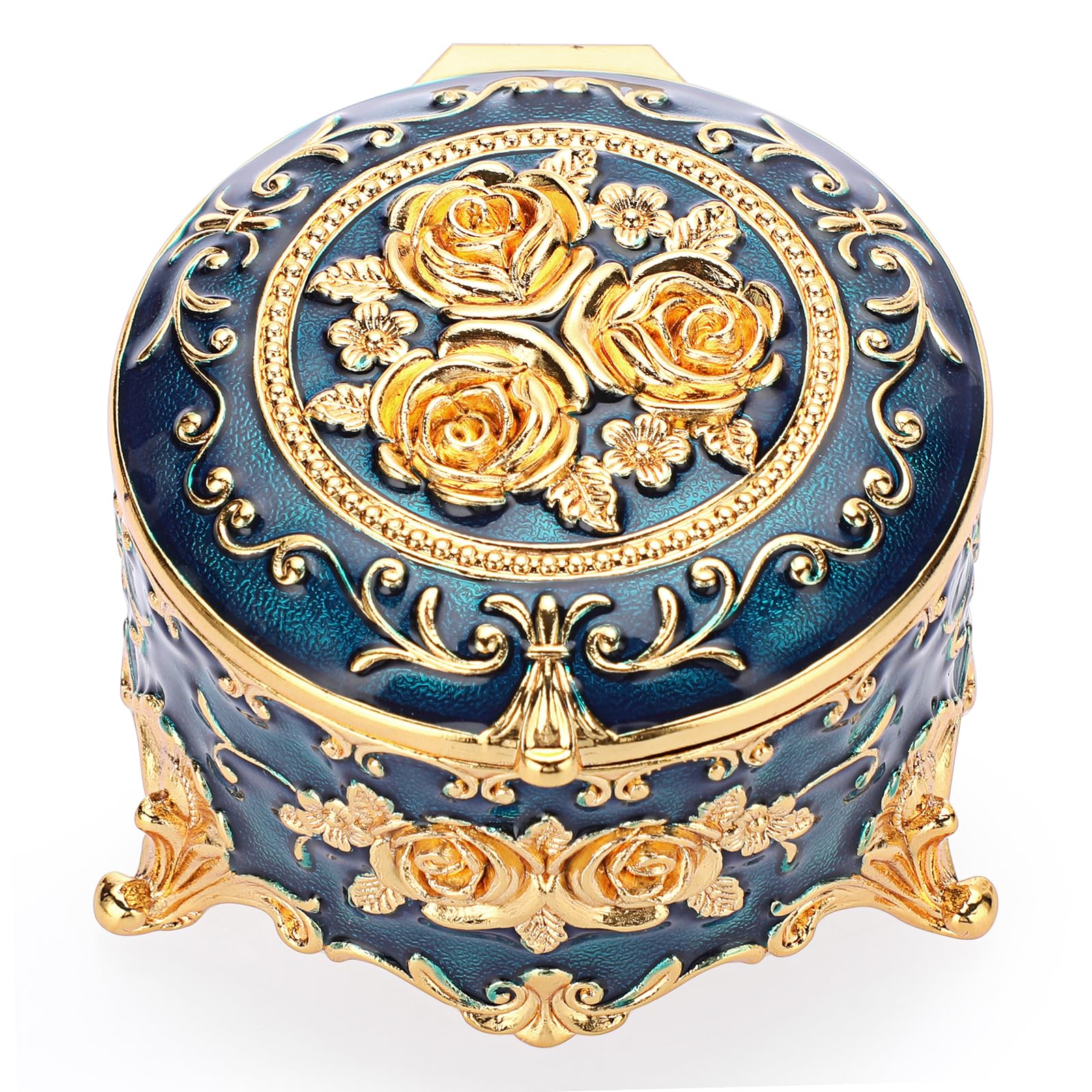 Hipiwe Antique Metal Jewelry Box Ring Earring Treasure Chest Case Small Trinket Box Round Jewelry Display Box Necklace Organizer Wedding Birthday Gift Home Decor, 3x3x2.4 inch