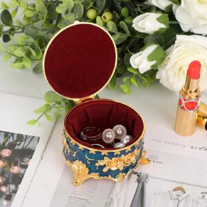 Hipiwe Antique Metal Jewelry Box Ring Earring Treasure Chest Case Small Trinket Box Round Jewelry Display Box Necklace Organizer Wedding Birthday Gift Home Decor, 3x3x2.4 inch