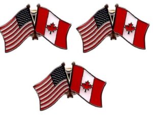 pack of 3 canada & us crossed double flag lapel pins, canadian & american friendship pin badge plus free box of canada small mini cupcake toothpick flags