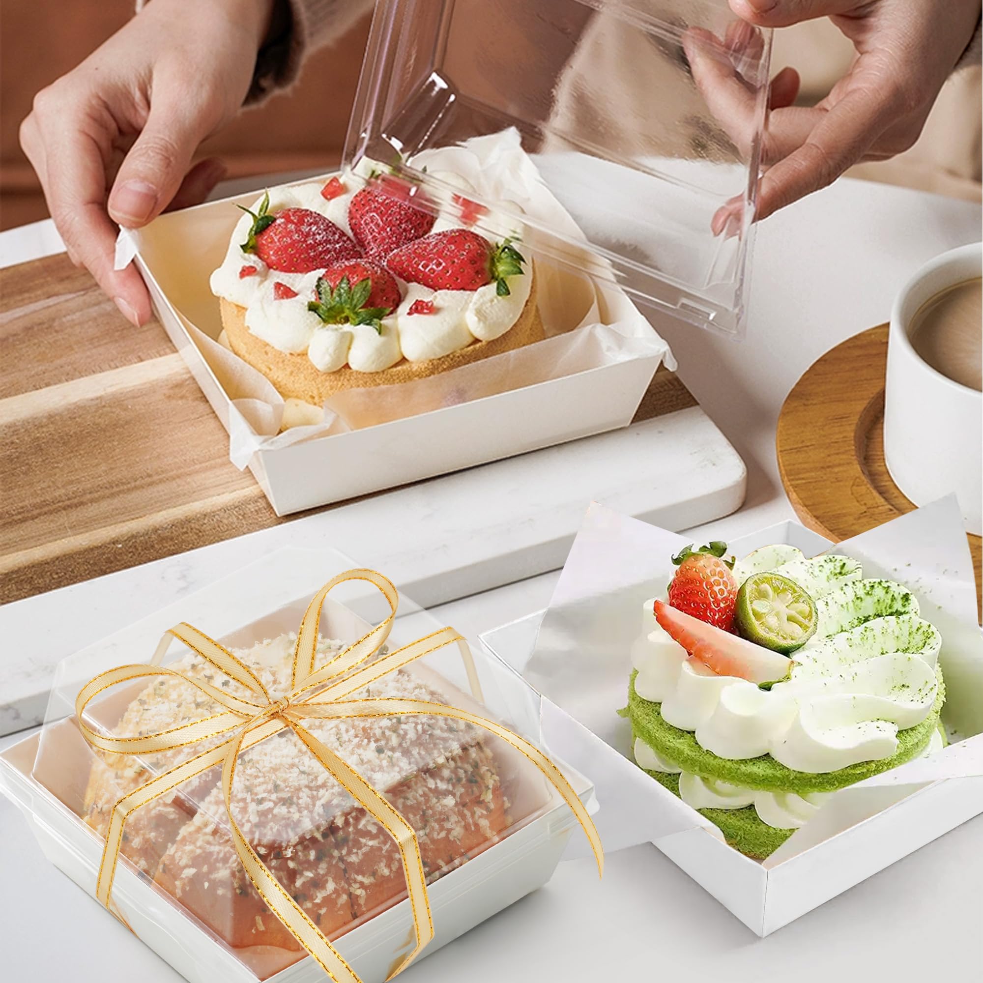 LotFancy Paper Charcuterie Boxes with Clear Lids, 50 Pack, 5 Inch Square Disposable To Go Food Containers, White Bakery Boxes for Sandwiches, Fruit, Strawberries, Sushi, Mini Cakes, Cookies