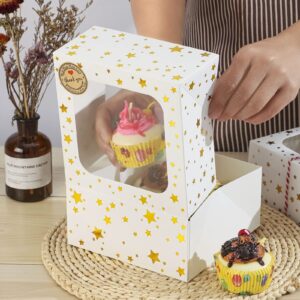 CHOUNYEE 24 Pack 6X6X3 Christmas Cookie Boxes for Gift Giving Gold Foil Star White Bakery Boxes with Window 6 Inch Small Treat Boxes for Mini Cake Pastry Dessert Cupcakes Candy Donut Packaging