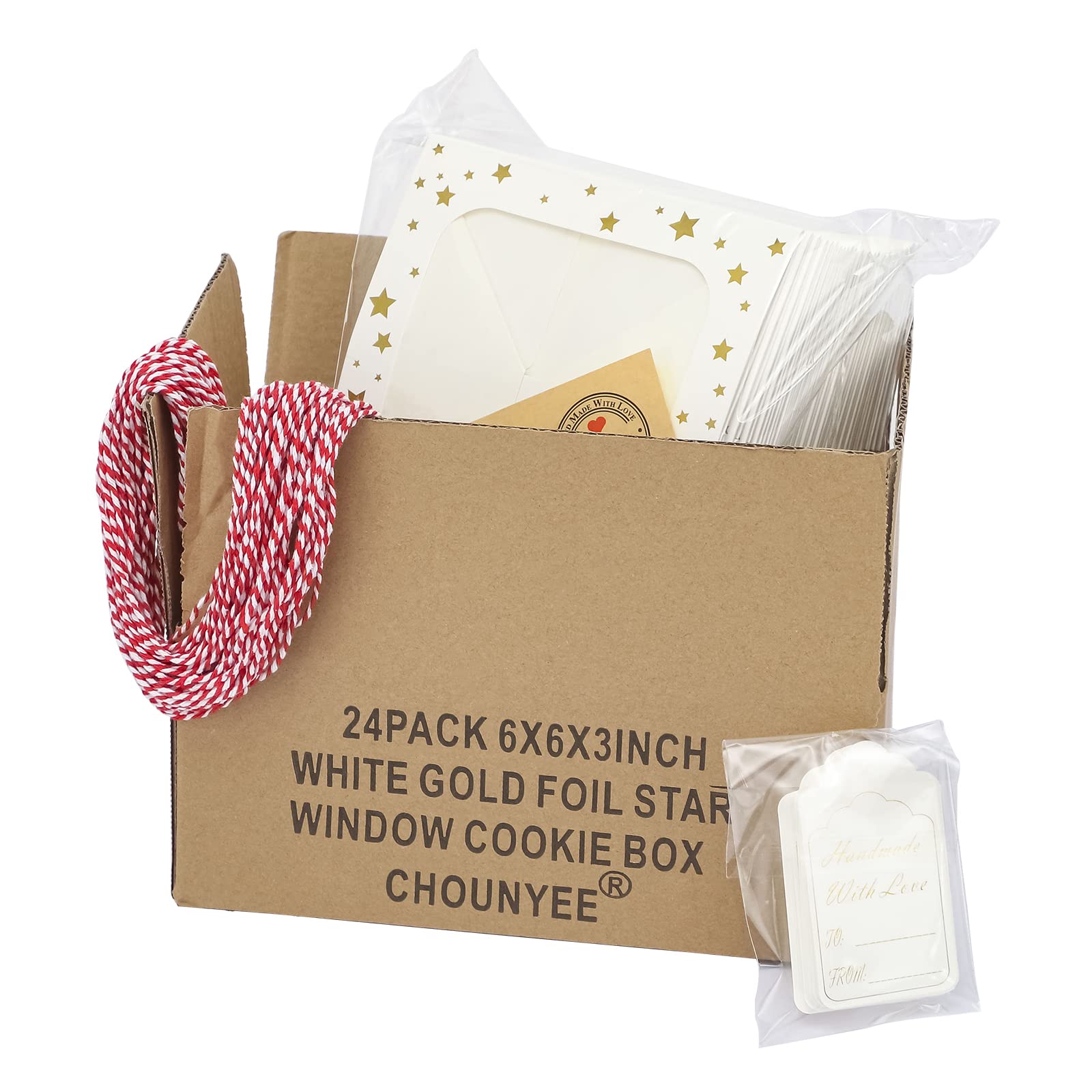 CHOUNYEE 24 Pack 6X6X3 Christmas Cookie Boxes for Gift Giving Gold Foil Star White Bakery Boxes with Window 6 Inch Small Treat Boxes for Mini Cake Pastry Dessert Cupcakes Candy Donut Packaging