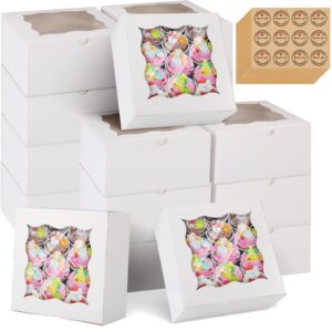 100 packs bakery boxes with window 6 x 6 x 3 inch small cookie boxes mini macaron boxes for packaging dessert boxes pastry boxes treat boxes with window cake box pie boxes with 100 stickers(white)