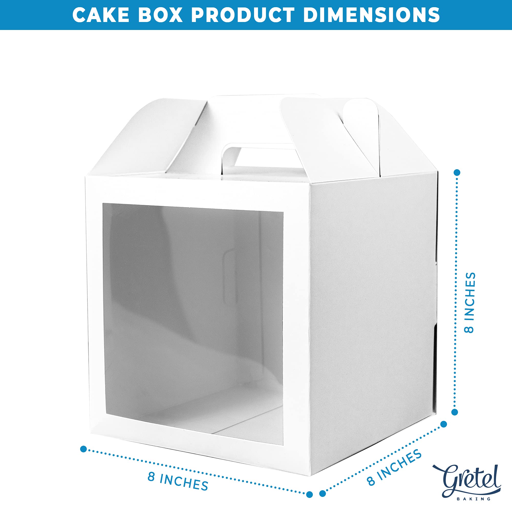 Gretel 25-Pack 8x8x8 in Cake Box for Tall Cakes With Window and Handle | 8 Inch Boxes | Disposable Cake Containers (25)