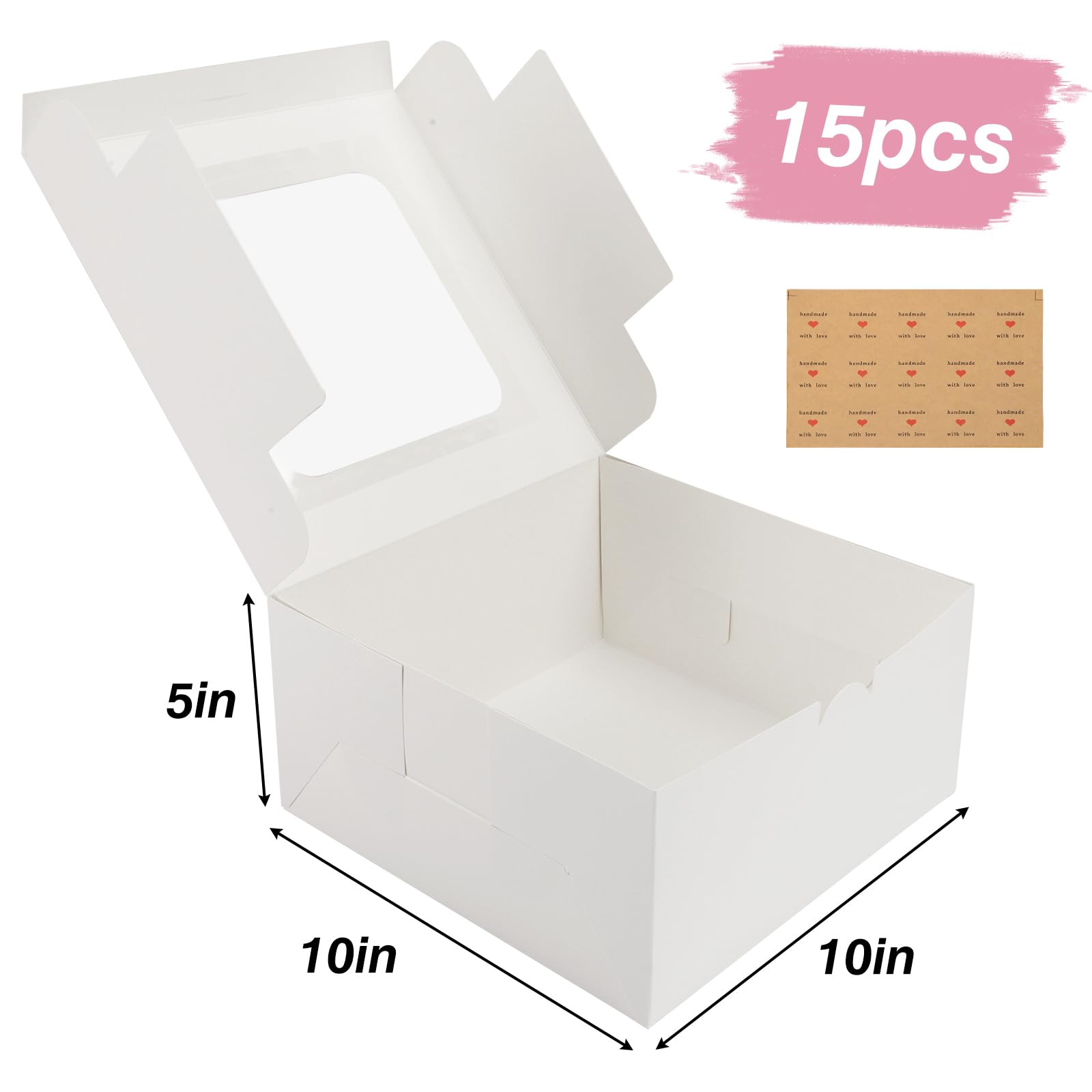 Moretoes 15pcs 10x10x5in Cake Boxes with Window, White Bakery Boxes Cajas Pasteles, Bundt Cake Boxes for Cake Cupcake Pie Dessert Pastries, Wedding