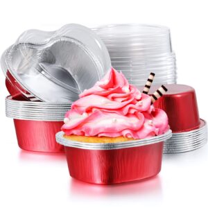 aluminum foil cake pan heart shaped cupcake cup with lids 100 ml/ 3.4 ounces disposable mini cupcake cup flan baking cups for valentine mother's day wedding xmas birthday (red,20 sets)