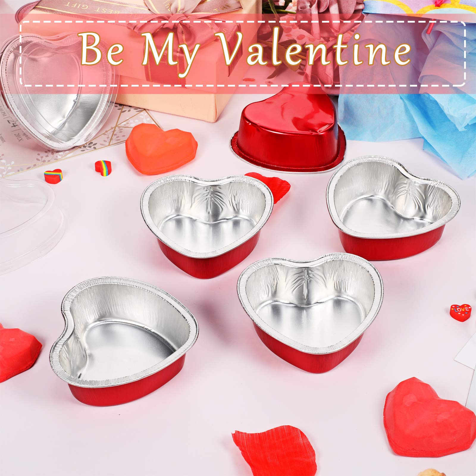 Aluminum Foil Cake Pan Heart Shaped Cupcake Cup with Lids 100 ml/ 3.4 Ounces Disposable Mini Cupcake Cup Flan Baking Cups for Valentine Mother's Day Wedding Xmas Birthday (Red,20 Sets)