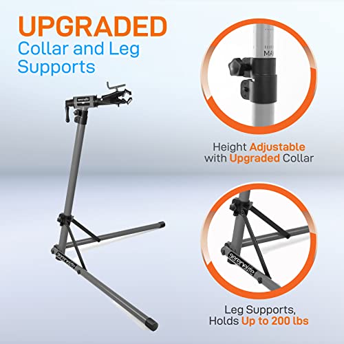 SereneLife Home Mechanic Bicycle Repair Stand - Height Adjustable, 360° Clamp Rotation w/Upgraded Collar & Leg Supports, Holds Up to 80 lbs, Mountain Bike Holder Cleaning or Maintenance Tool Kit