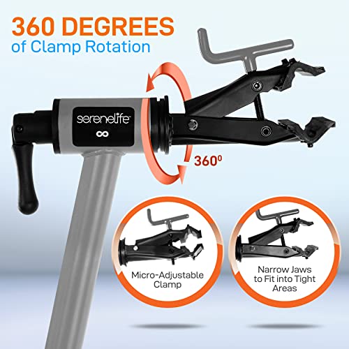 SereneLife Home Mechanic Bicycle Repair Stand - Height Adjustable, 360° Clamp Rotation w/Upgraded Collar & Leg Supports, Holds Up to 80 lbs, Mountain Bike Holder Cleaning or Maintenance Tool Kit