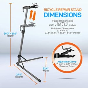 SereneLife Home Mechanic Bicycle Repair Stand - Height Adjustable, 360° Clamp Rotation w/Upgraded Collar & Leg Supports, Holds Up to 80 lbs, Mountain Bike Holder Cleaning or Maintenance Tool Kit