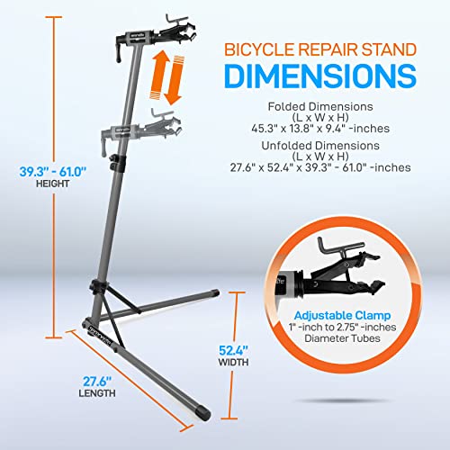 SereneLife Home Mechanic Bicycle Repair Stand - Height Adjustable, 360° Clamp Rotation w/Upgraded Collar & Leg Supports, Holds Up to 80 lbs, Mountain Bike Holder Cleaning or Maintenance Tool Kit