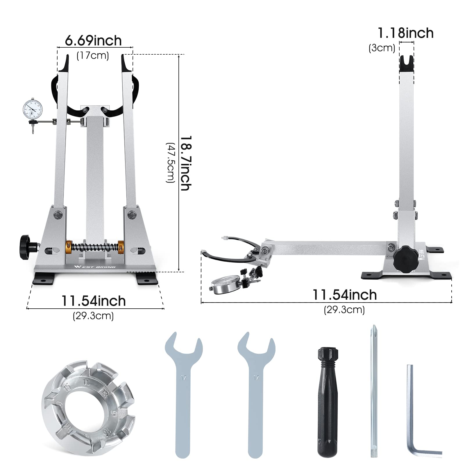 West Biking Wheel Truing Stand, Professional Bike Wheel Maintenance Adjustment Rims Truing Tool with Spoke Wrench, Bicycle Wheel Alignment Repair Tool for MTB Road Wheel Set fits 16-29” 700C