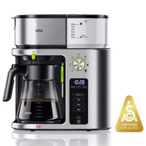 braun multiserve coffee machine 7 programmable brew sizes / 3 strengths + iced coffee & hot water for tea, glass carafe (10-cup), stainless steel, silver kf9170si