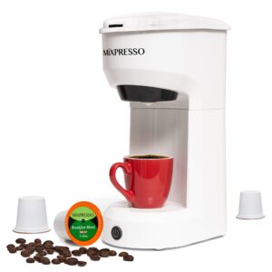 mixpresso 2 in 1 coffee brewer pods compatible & ground coffee, personal coffee brewer machine, compact size mini coffee maker, quick brew technology 14 oz white coffee maker