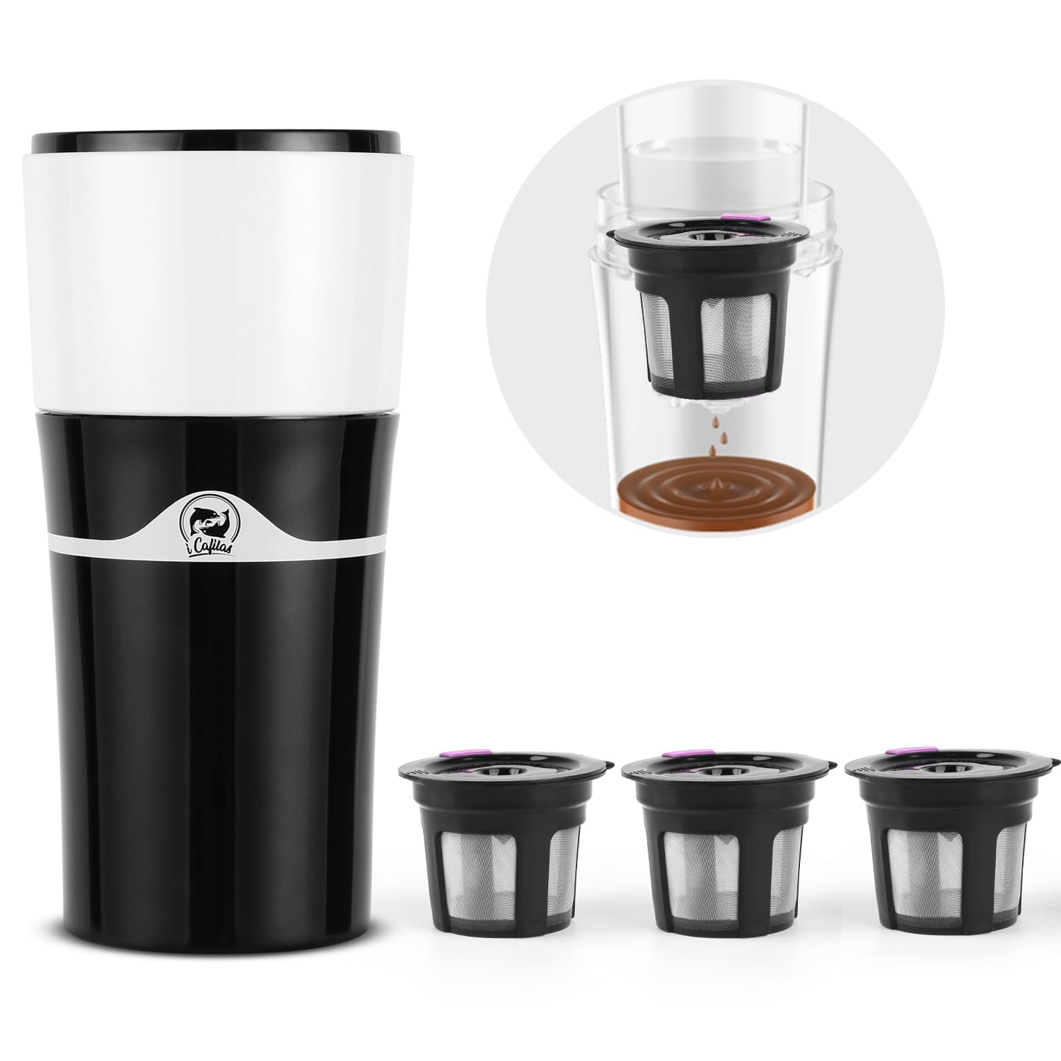 Coastacloud Drip Brew Coffee Maker, Portable Hot and Cold Brew Coffee Makers Bottle Compatible with K Cup Capsules & Ground Coffee, Pour-over Coffee Cup Machine for Camping Travel Office