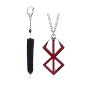 Anime Berserk Necklace - Keychain - Berserker Brand Of Sacrifice Logo Blood Red Pendant Necklaces Keychains for Women Men - Cosplay Accessories Behelit (B-erserk Necklace Keychain Set 03)