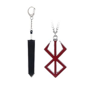 anime berserk necklace - keychain - berserker brand of sacrifice logo blood red pendant necklaces keychains for women men - cosplay accessories behelit (b-erserk necklace keychain set 03)