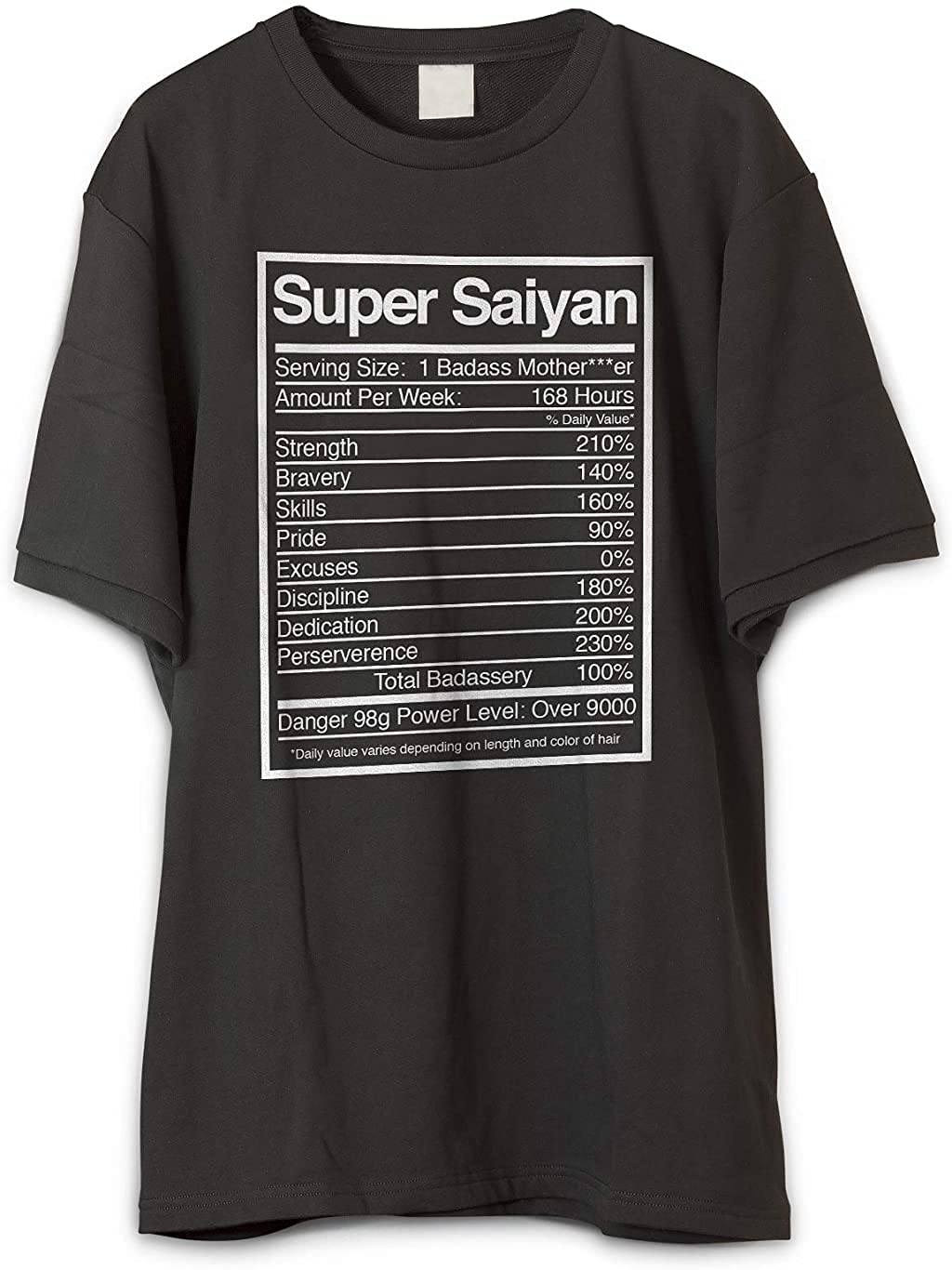 Revel Shore Saiyan Power Level Nutrition Label Funny Anime Shirt (Small) Black