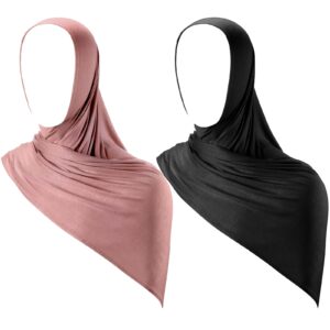 2 pcs instant hijab jersey hijab for women muslim head scarf lightweight long soft hijab shawl stretch solid color scarf wrap (black, pink)