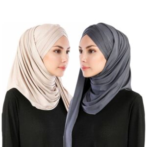 rayiisuy women 2pcs set jersey hijab lightweight soft solid color instant hijab shawls and wraps muslim stretch head scarf (beige,grey) 55*180cm xytjm