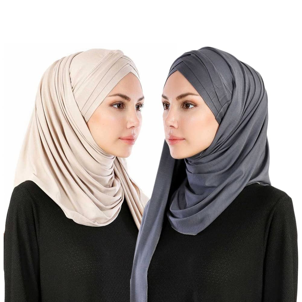 Rayiisuy Women 2PCS Set Jersey Hijab Lightweight Soft Solid Color Instant Hijab Shawls and Wraps Muslim Stretch Head Scarf (Beige,Grey) 55*180cm XYTJM