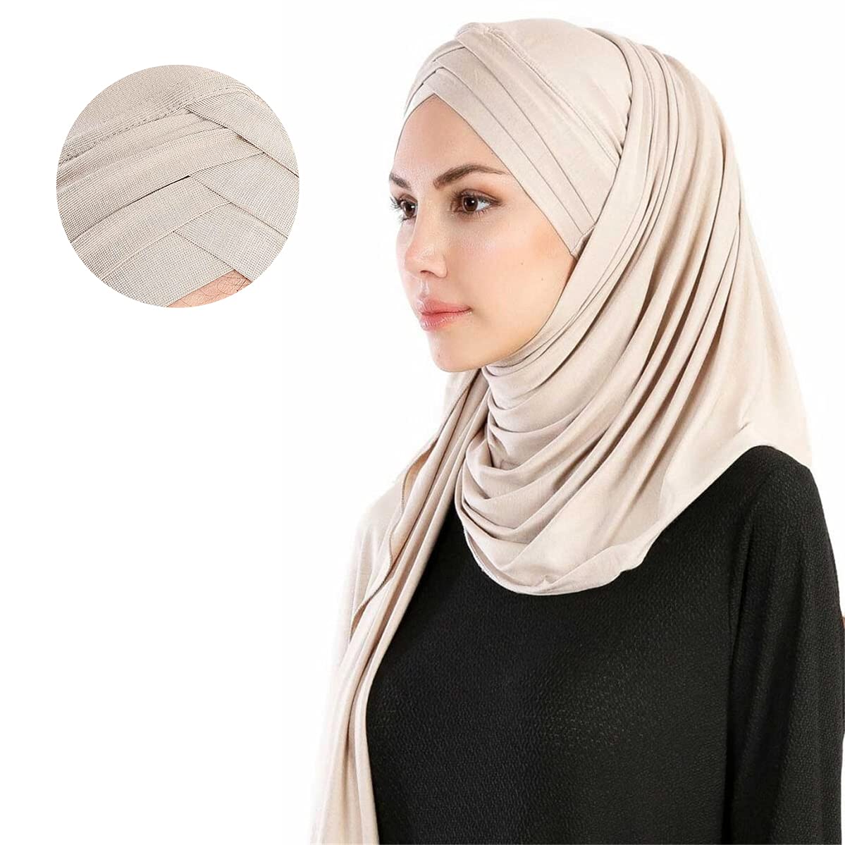 Rayiisuy Women 2PCS Set Jersey Hijab Lightweight Soft Solid Color Instant Hijab Shawls and Wraps Muslim Stretch Head Scarf (Beige,Grey) 55*180cm XYTJM