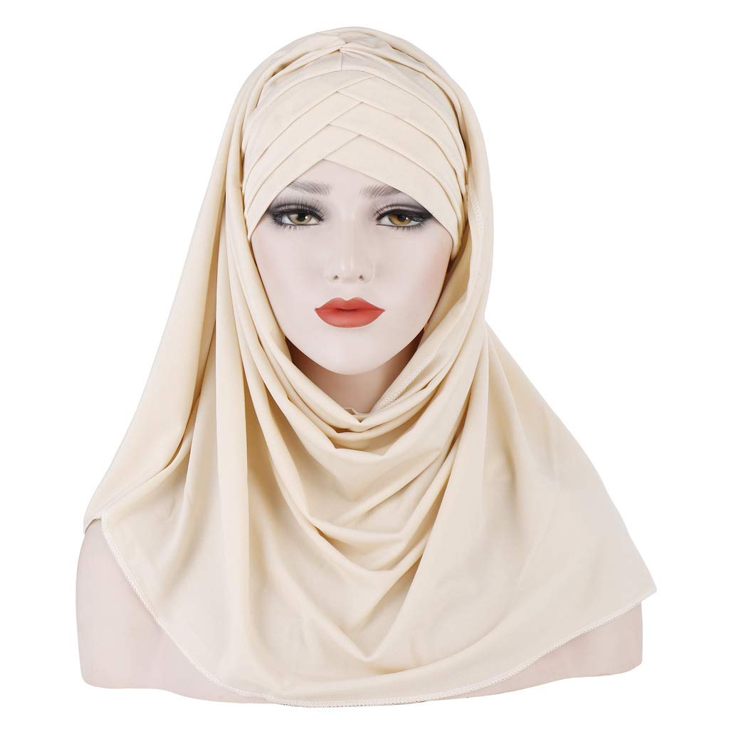 Rayiisuy Women 2PCS Set Jersey Hijab Lightweight Soft Solid Color Instant Hijab Shawls and Wraps Muslim Stretch Head Scarf (Beige,Grey) 55*180cm XYTJM