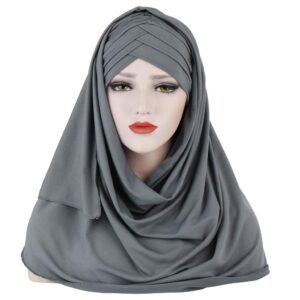 Rayiisuy Women 2PCS Set Jersey Hijab Lightweight Soft Solid Color Instant Hijab Shawls and Wraps Muslim Stretch Head Scarf (Beige,Grey) 55*180cm XYTJM