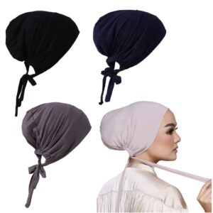 cntqiang 3 pieces adjustable muslim inner under hijab cap with ties back islamic under scarf bonnet caps chemo cap (black)