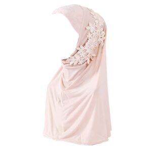 women one piece muslim hijab lace applique head wrap scarf shawl with rhinestones (beige)